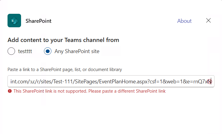 I'm adding a sharepoint page to a teams channel but I'm getting an ...