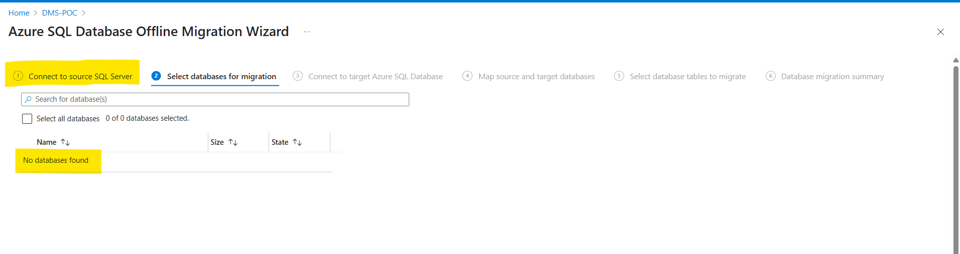 I am not able to see any databases after connecting source SQL server ... I am not able to see any databases after connecting source SQL server ...