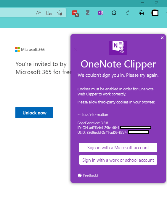 OneNote Web Clipper will not sign in to my 365 Business Account ...