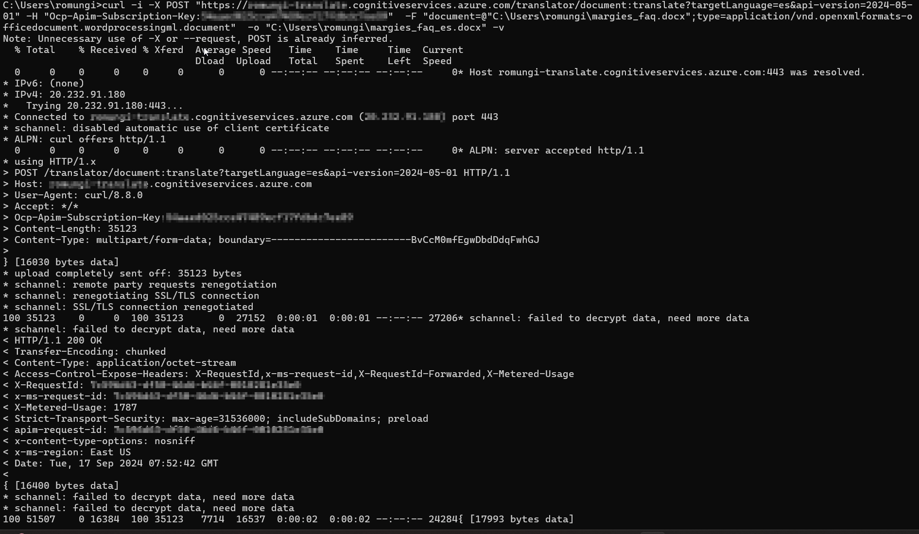 How should my request look for synchronous document translation (Error ...