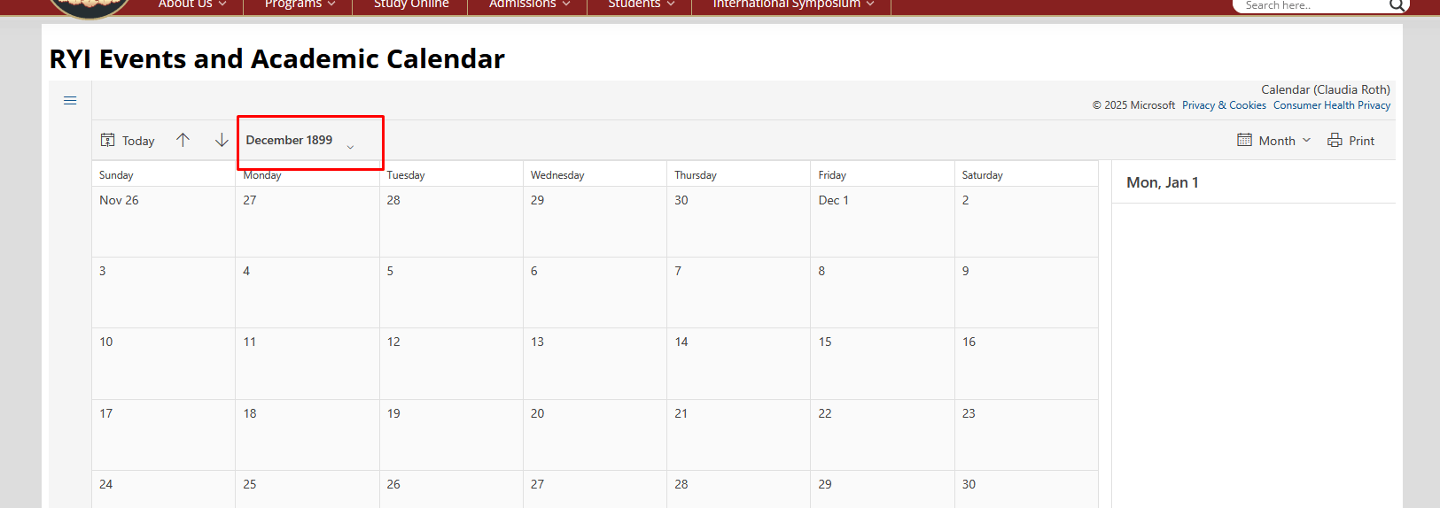 Outlook calendar on website shows December 1899 - Microsoft Q&A