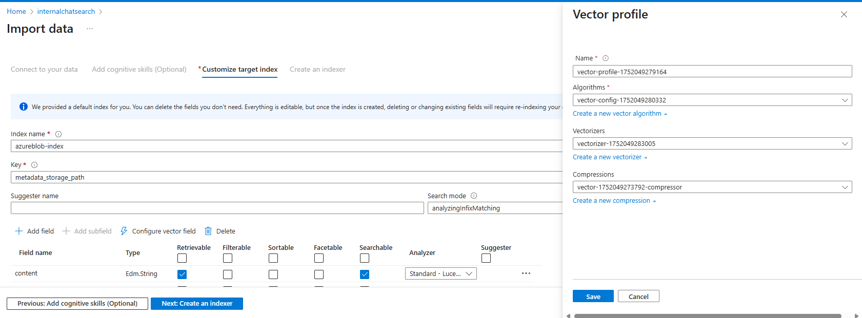 Non-clickable Save-button in Azure AI Search when vectorizing ...