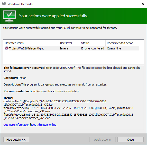 Windows Defender will not clean a malagent!gmb trojan infection ...