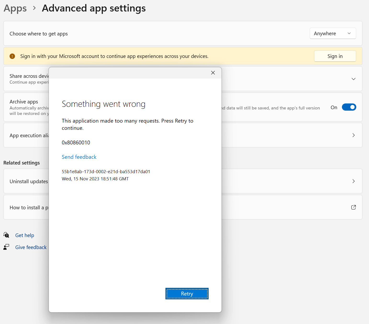 Sign in to continue app experiences across your devices retry error ...
