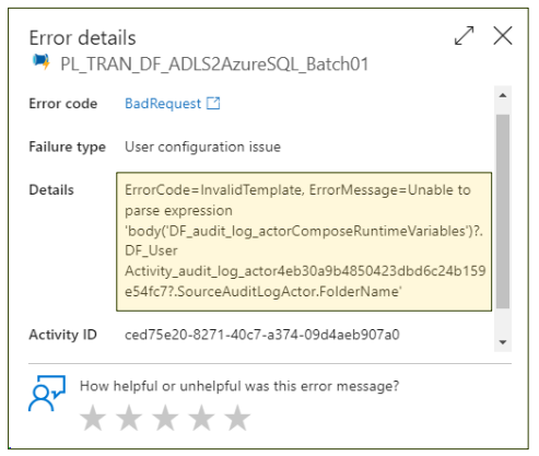 issue parsing the expression body('DataFlow1ComposeRuntimeVariables ...