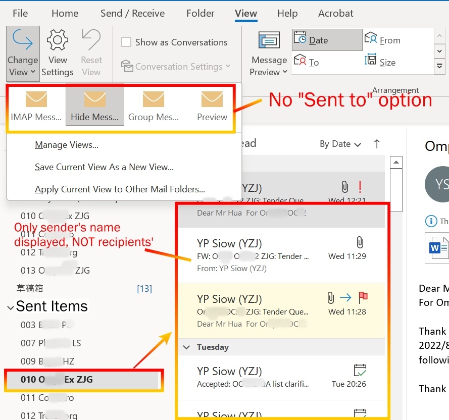 Emails list in sub-folders of Sent Folder displays sender's name (me ...