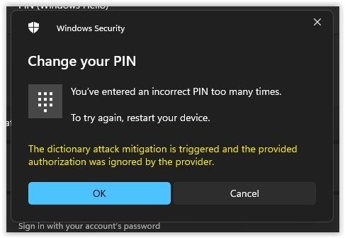 Windows Hello (PIN) "incorrect pin too many times" without entering a ...