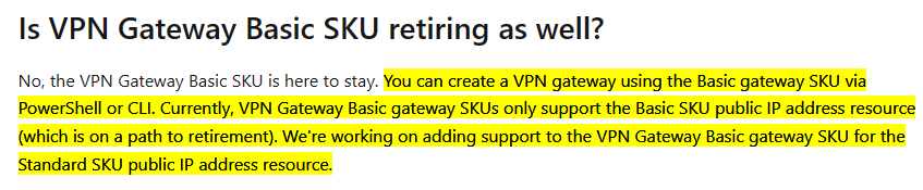 Unable to create virtual network gateway with sku basic - Microsoft Q&A
