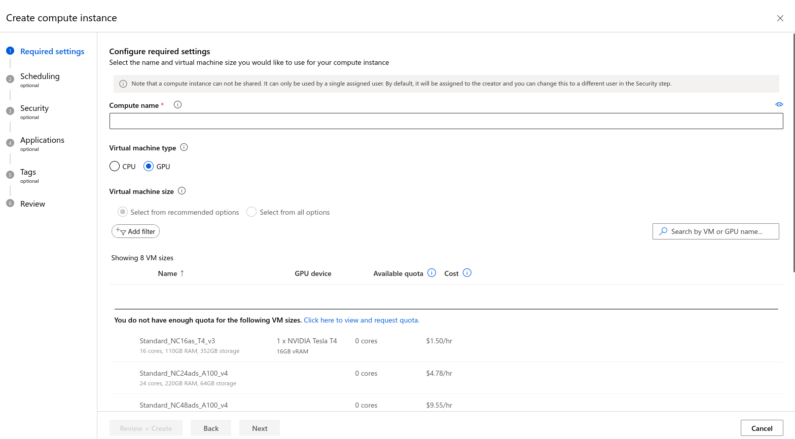 Azure ML: Cannot create compute despite available quota - Microsoft Q&A