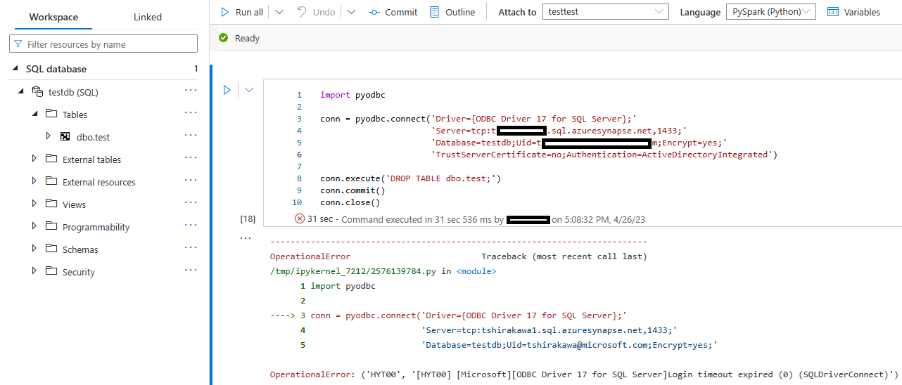 Unable to connect Synapse SQL Pool via Synapse Notebook through pyodbc ... Unable to connect Synapse SQL Pool via Synapse Notebook through pyodbc ...