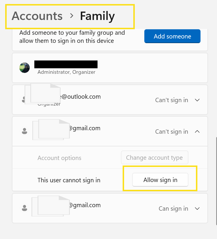 setting up a computer for a different user with a family account ...