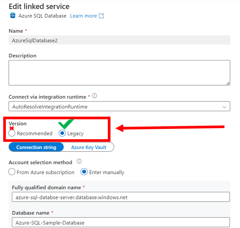 Dataset Is Using Azuresqldatabase Linked Service Type With Sql Encryption Which Is Not