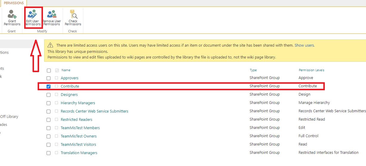 SPO Modern Team Site: Change Members from Edit to Contribute (edit files and items, but not ...