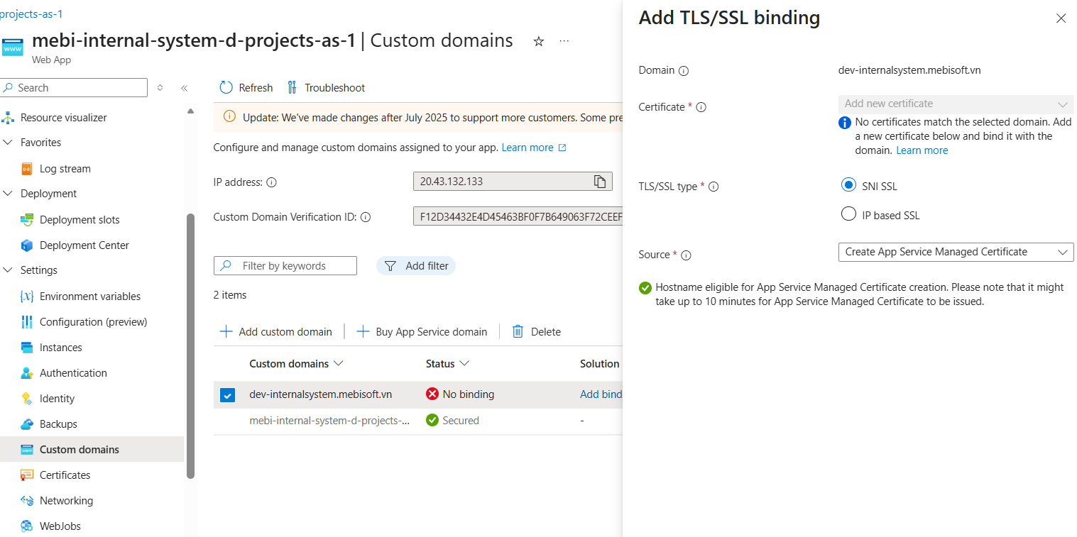 Azure App Service Managed Certificate orphaned after Web App deletion – custom domain stuck with ...