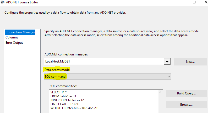Sql Query In Ado Net Source In Ssis Microsoft Qanda
