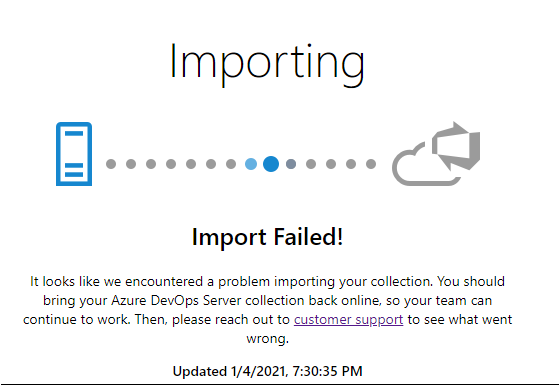 Import step failing for AzDo server 2019 to AzDo services migration ...