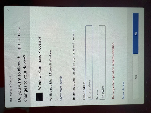 Change from "user" to "admin" for Windows sign-in using work account ...