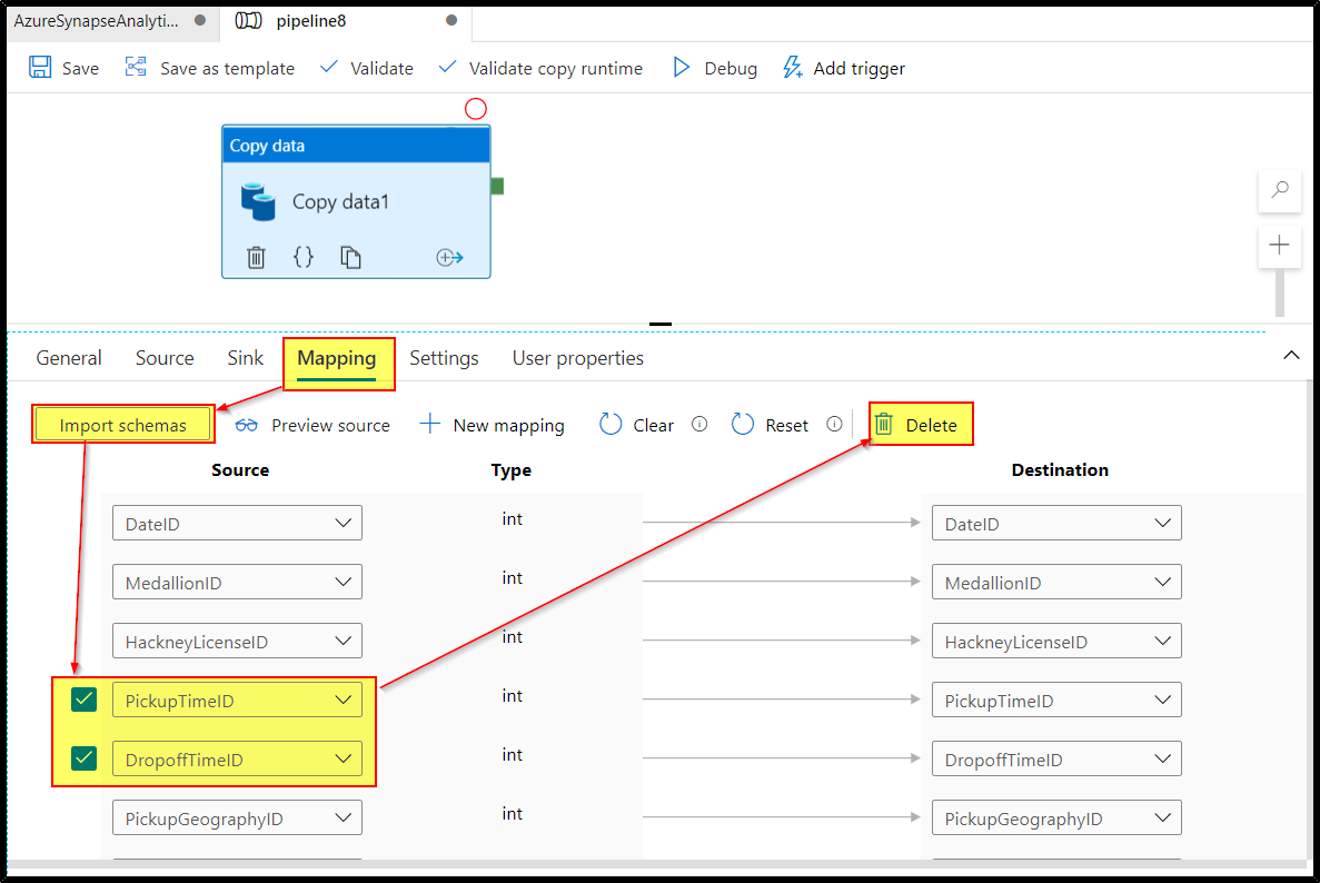 How To Copy Data From Synapse Database By Skipping Some Coloumns Using Azure Data Factory