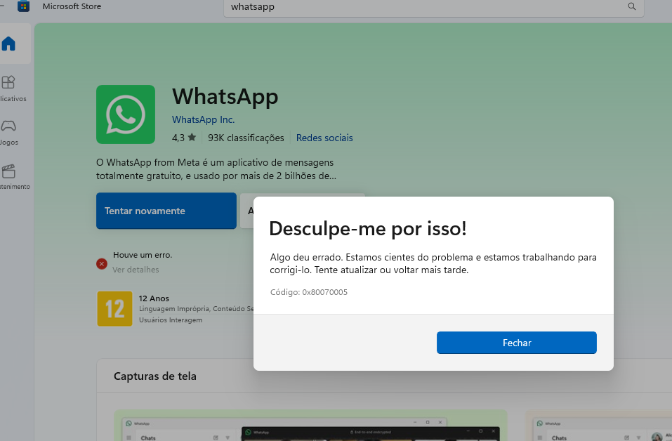 Erro ao instalar aplicativos via Microsoft Store (WhatsApp e Teams ...