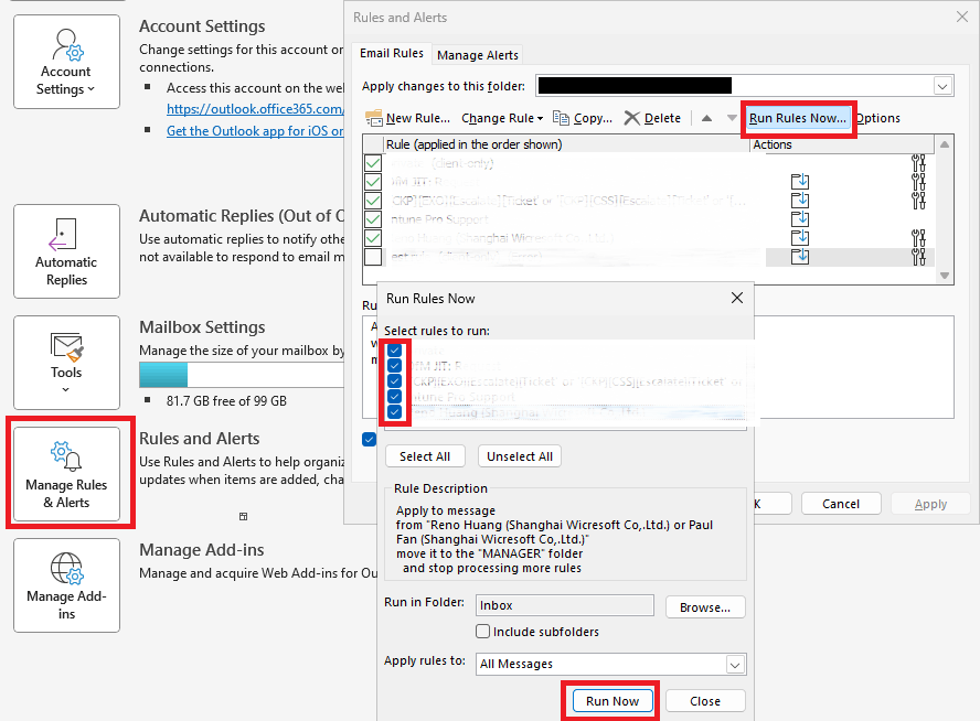 How do I run ALL the rules in Microsoft Web Mail all at once ...