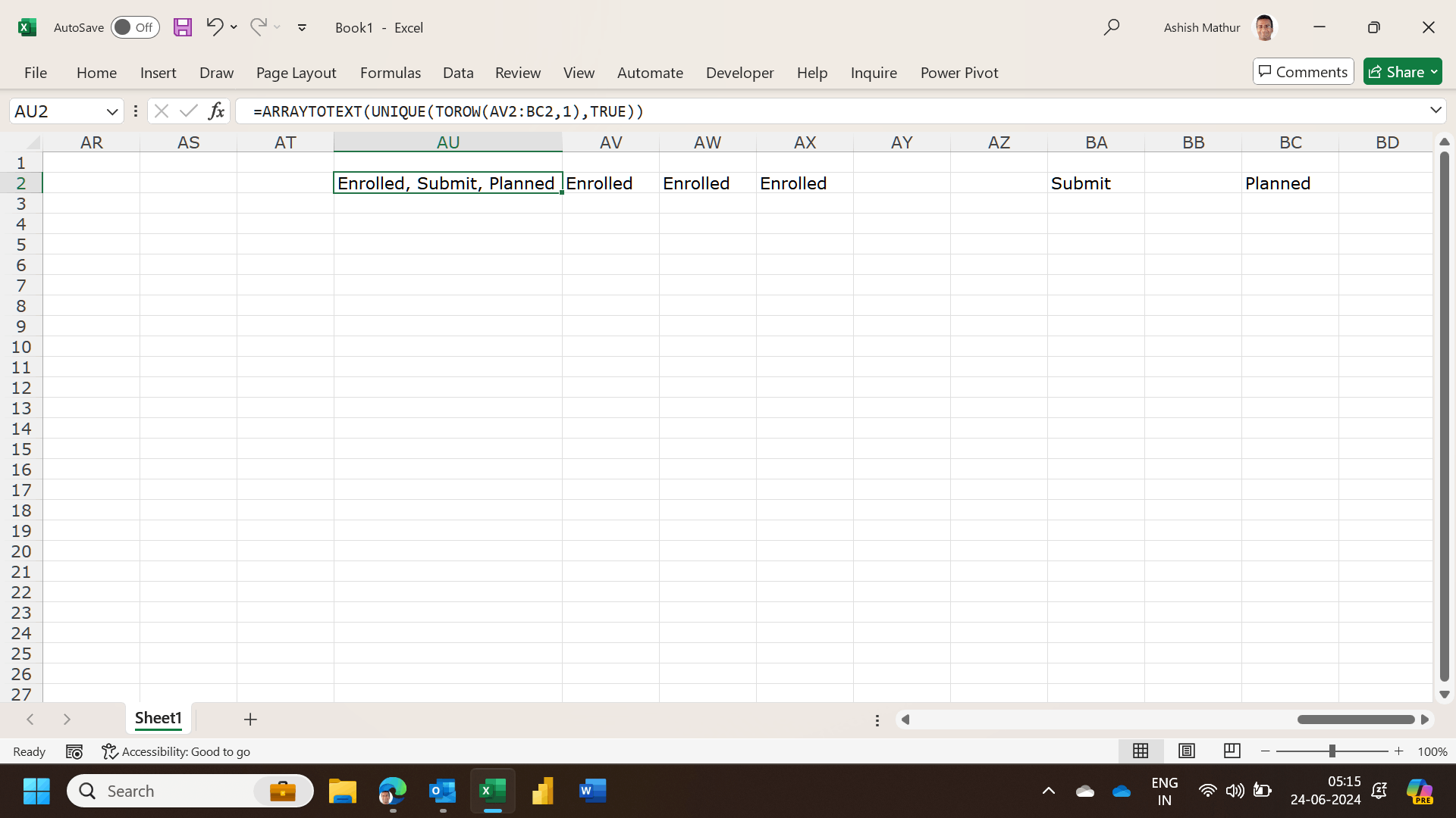 Concatenate or Textjoin only unique values from multiple column rows (Example: from $A ...