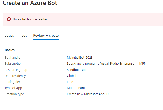 Azure bot creation failed - unreachable code reached - Microsoft Q&A
