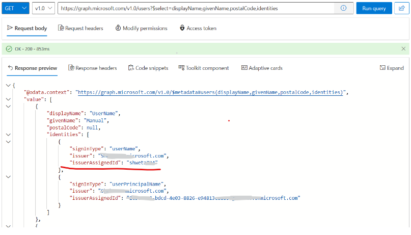 Some username info seems not being fetched from $select in Azure B2C ... Some username info seems not being fetched from $select in Azure B2C ...
