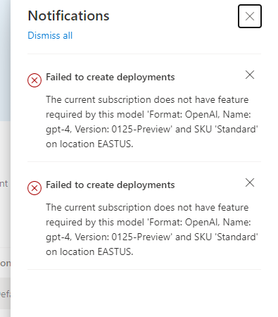 Why i am getting error while creating new openai deployment with model gpt-4 in East US region ...