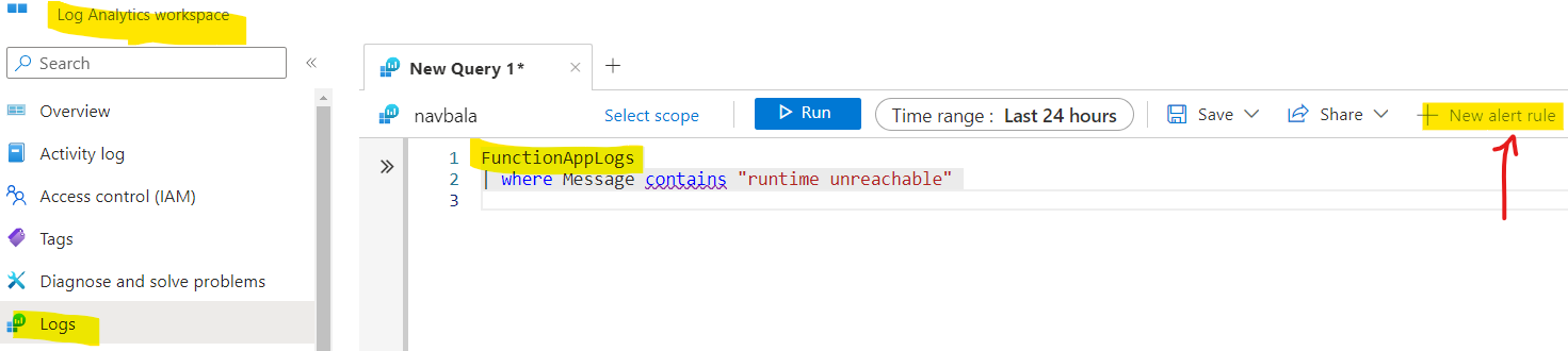 How to create an alert rule for Azure Functions runtime is unreachable - Microsoft Q&A