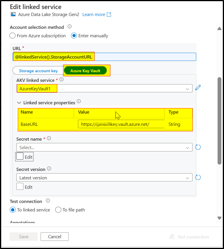Linked serice parameterization for azure synapse - Microsoft Q&A
