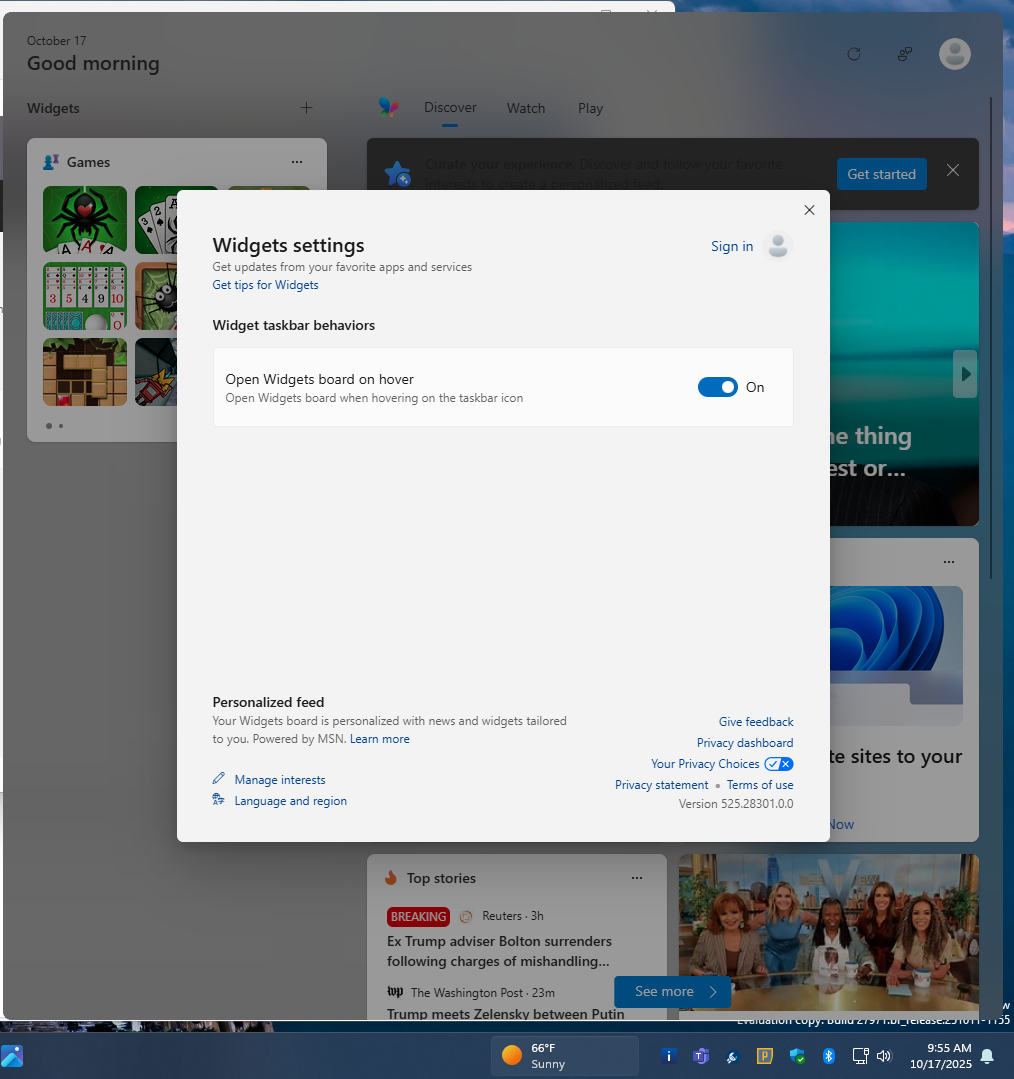 Build 27971.1. Widgets is missing the setting gear and the Sign in ...