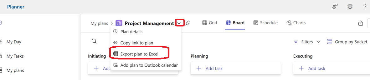 Where is the Export option located in the MS Planner interface ...
