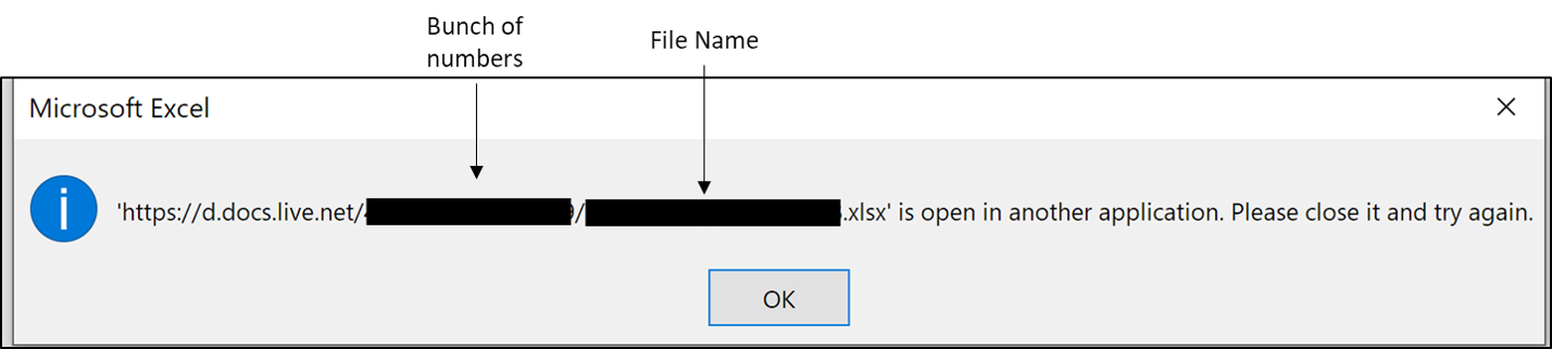 Cannot access Excel file on Onedrive: .xlsx open in another application ...