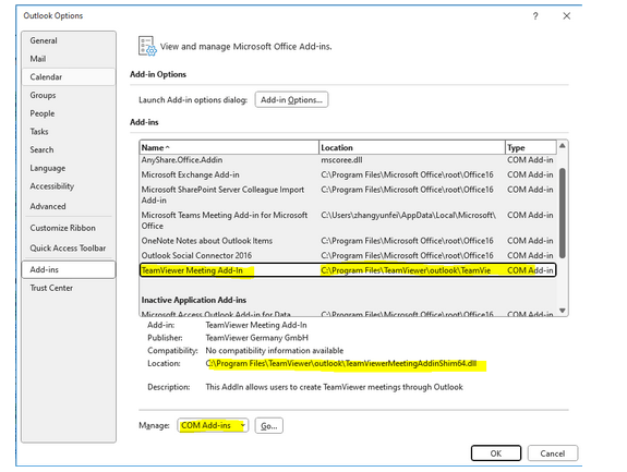 TeamViewer is linked with new Outlook version, how can I make it linked ...
