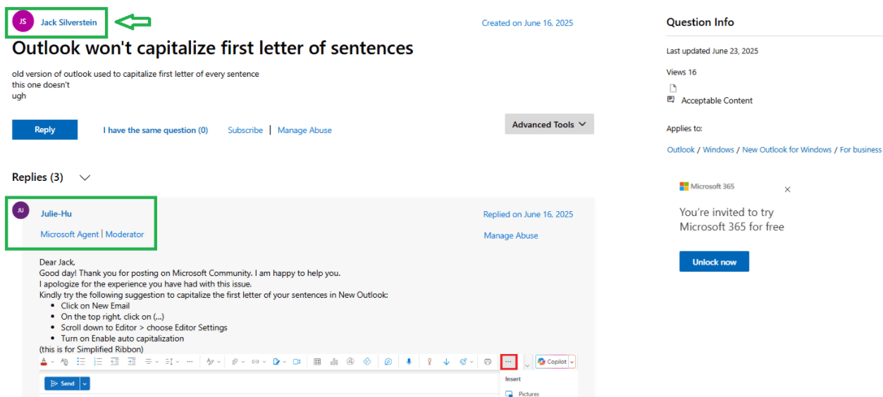 Outlook won't capitalize first letter of sentences - Microsoft Q&A