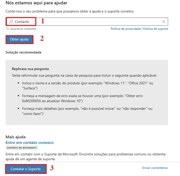quero falar com o suporte da Microsoft or telefone no Brasil ...