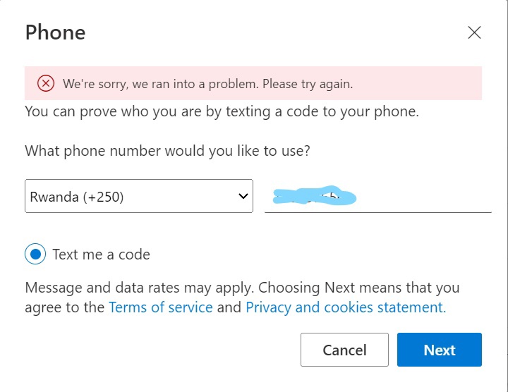 How to deal with "We're sorry, we ran into a problem. Please try again." during phone addition ...