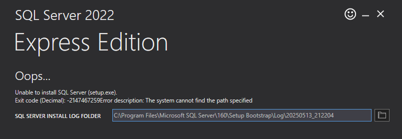 How to fix "exit code decimal -2147467259" on Microsoft SQL Server Express 2022 - Microsoft Q&A