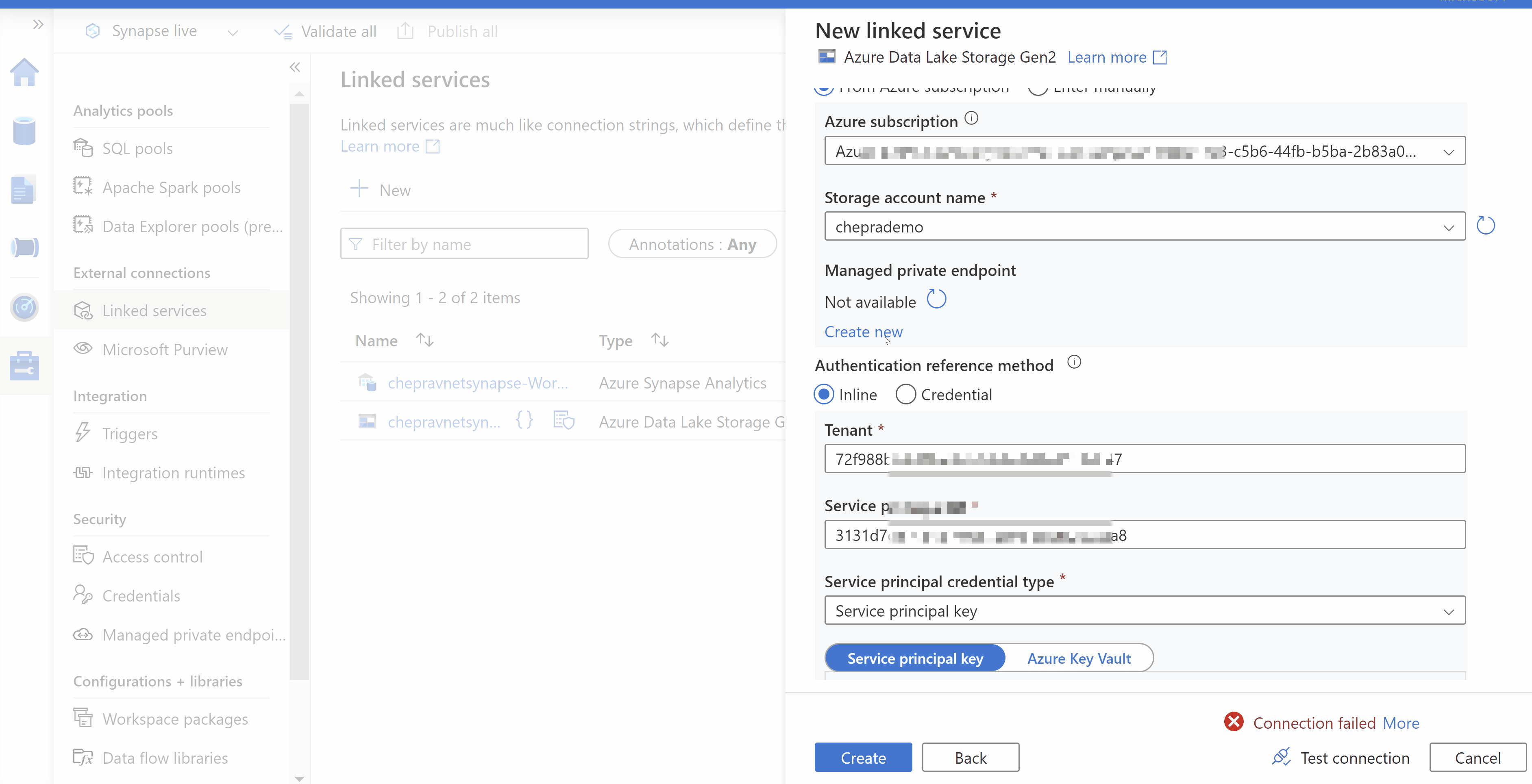 Not able to create Azure Data lake Storage Gen 2 Linked service in ...