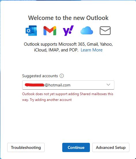 I cannot add my hotmail account to windows new Outlook - Microsoft Q&A