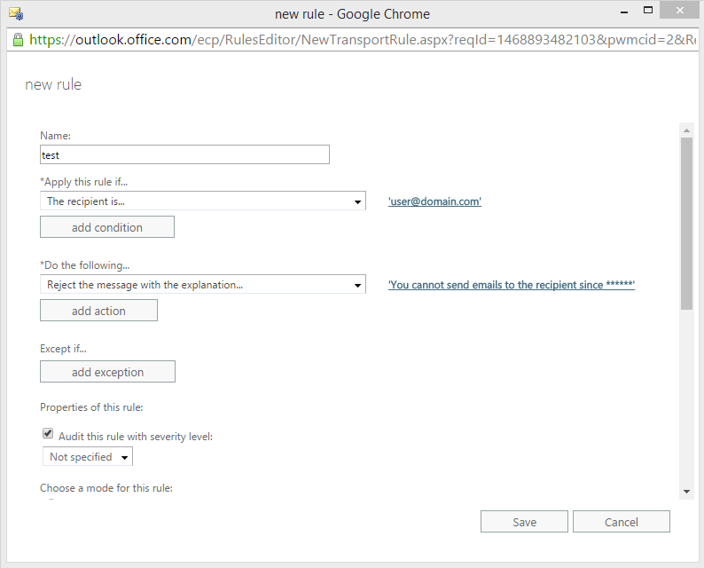 Trying to block all users from sending email to a specific recipient ...