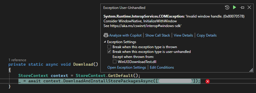 Exception downloading a DLC from Microsoft Store using WinUI 3 app. - Microsoft Q&A
