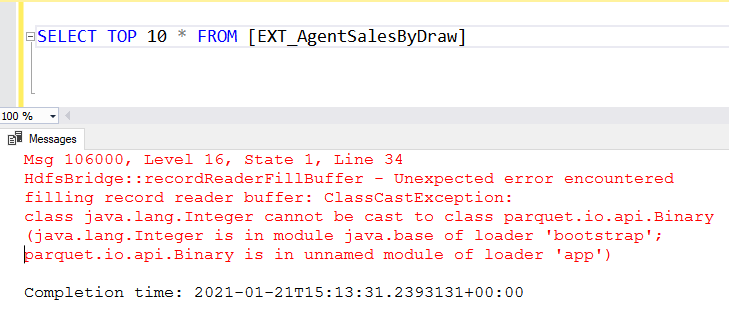 Synapse Error Hdfsbridge Recordreaderfillbuffer External Table Parquet File Format