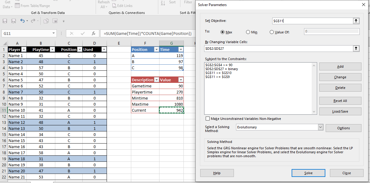 Team Sport Equal Game Time and Position Calculator - Microsoft Q&A