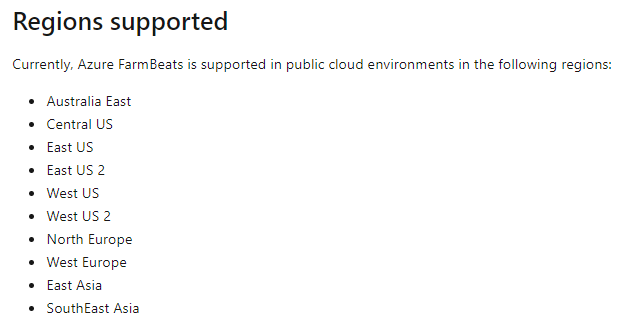 Farmbeats: Regions supported - Microsoft Q&A