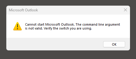 Outlook won't open: Cannot start Microsoft Outlook. The command line argument is not valid ...