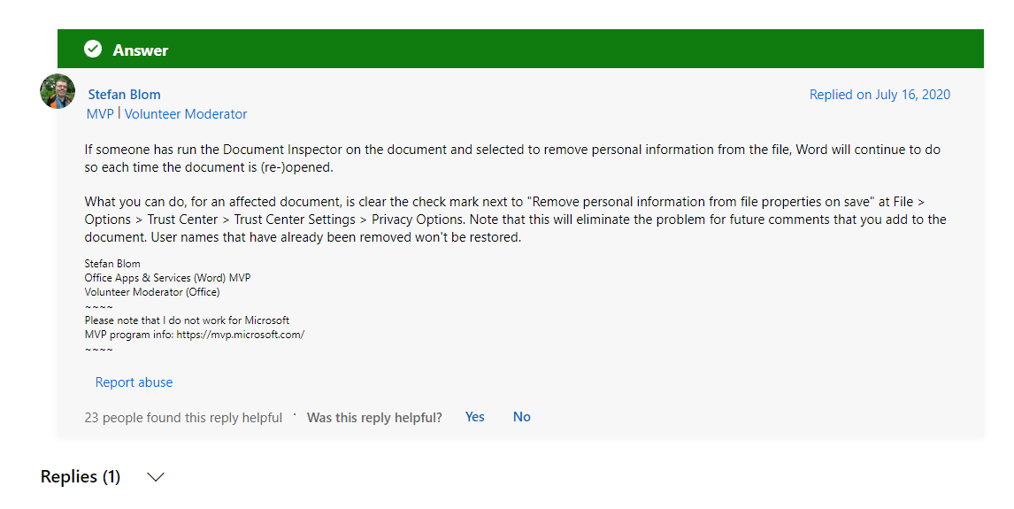 Comments (including replies on comments) in Excel appear as "Author ...