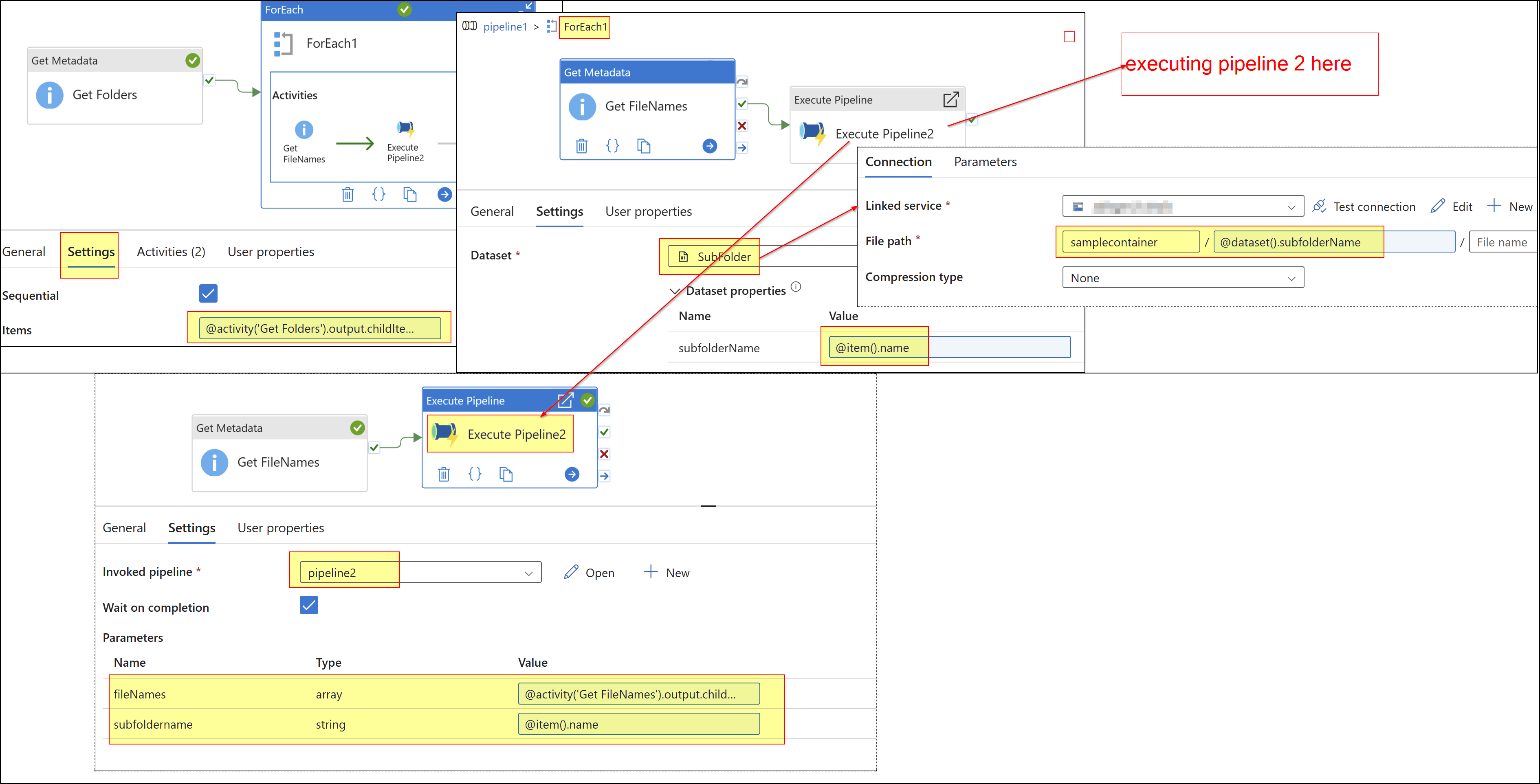 In Azure Data Factory, what is the process for copying files from a subfolder and appending a ...