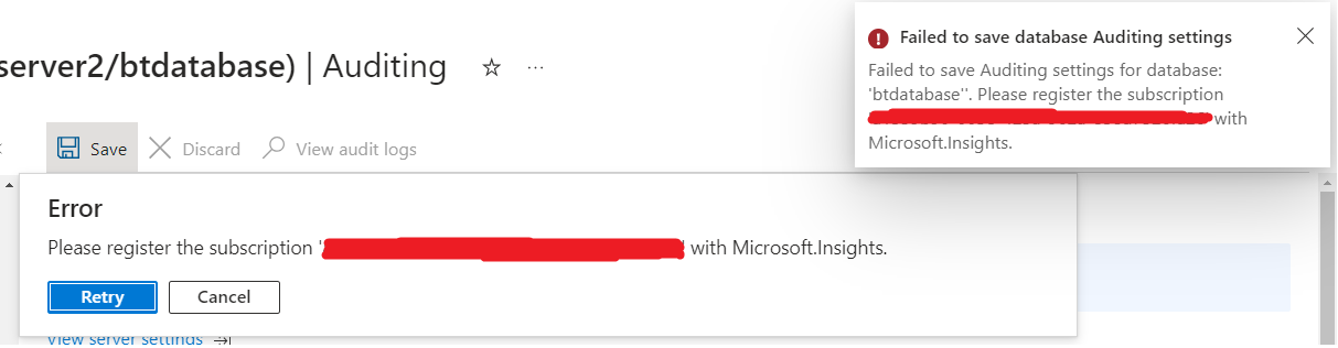 Fail To Save Auditing In Azure Sql Database Microsoft Qanda