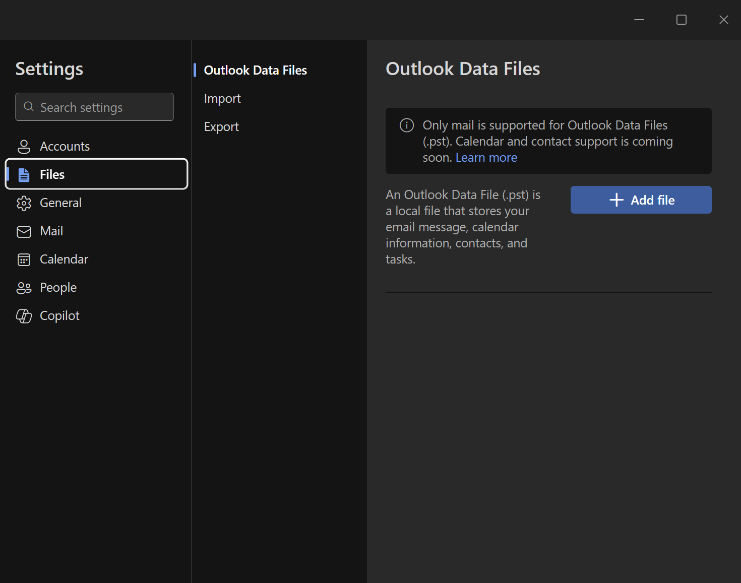 trying to import .pst file including old email, contacts and calendar ...